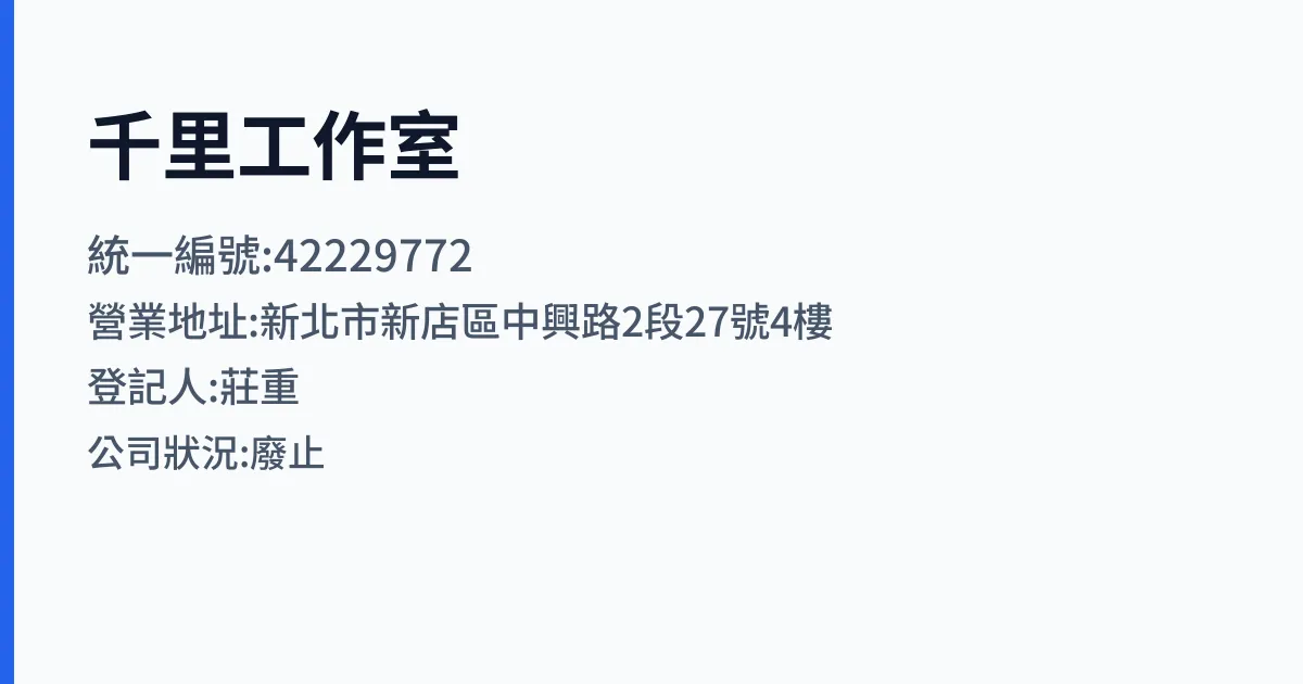 千里工作室 - 統編 42229772(新北市) 公司登記資料與營業項目詳細圖表