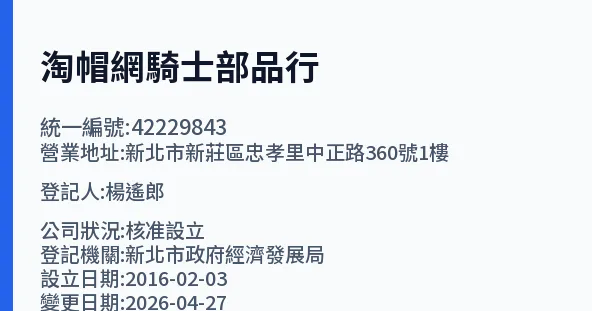 淘帽網騎士部品行的照片-統編 42229843(新北市) 公司登記資料與營業項目詳細圖表