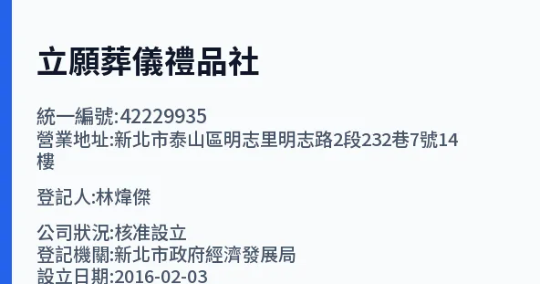 立願葬儀禮品社的照片-統編 42229935(新北市) 公司登記資料與營業項目詳細圖表
