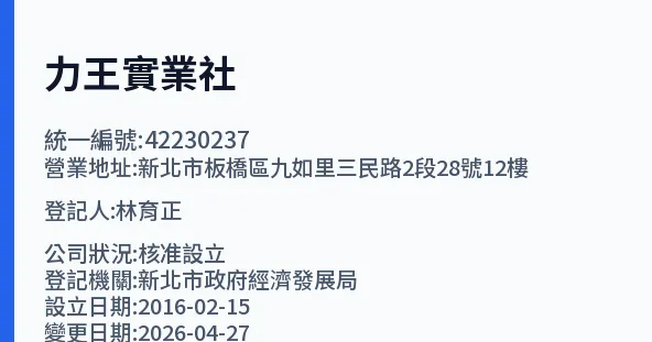 力王實業社的照片-統編 42230237(新北市) 公司登記資料與營業項目詳細圖表