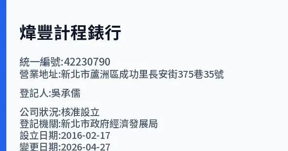 煒豐計程錶行的照片-統編 42230790(新北市) 公司登記資料與營業項目詳細圖表