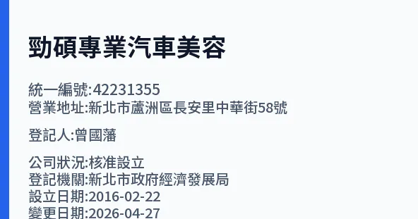 勁碩專業汽車美容的照片-統編 42231355(新北市) 公司登記資料與營業項目詳細圖表