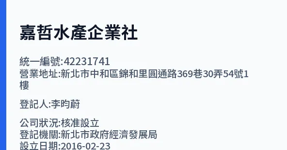 嘉哲水產企業社的照片-統編 42231741(新北市) 公司登記資料與營業項目詳細圖表