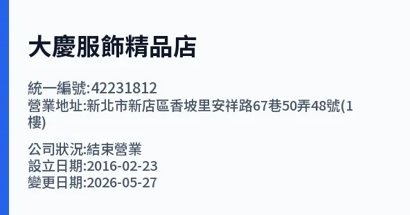 大慶服飾精品店的照片-統編 42231812(新北市) 公司登記資料與營業項目詳細圖表