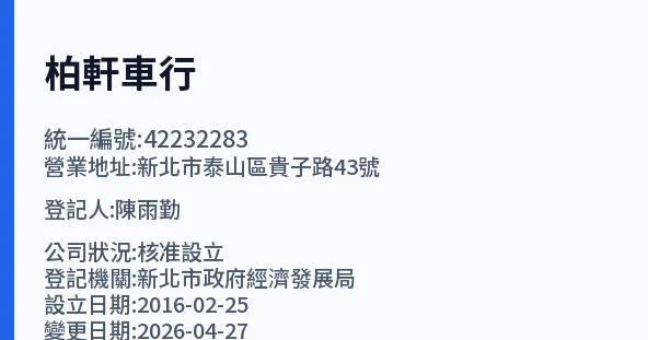 柏軒車行的照片-統編 42232283(新北市) 公司登記資料與營業項目詳細圖表