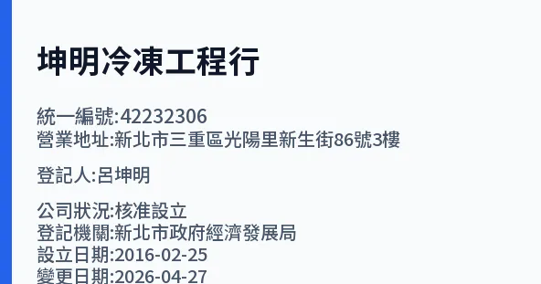 坤明冷凍工程行的照片-統編 42232306(新北市) 公司登記資料與營業項目詳細圖表