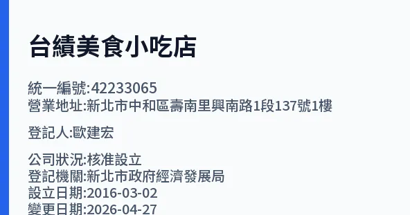 台績美食小吃店的照片-統編 42233065(新北市) 公司登記資料與營業項目詳細圖表