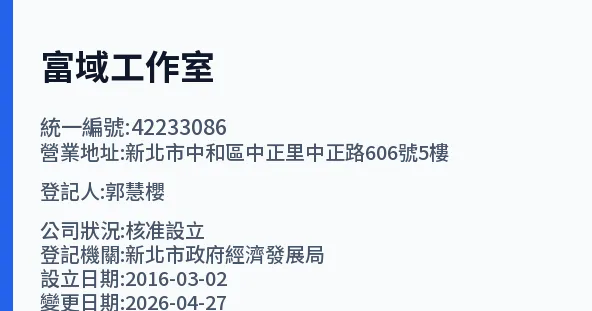 富域工作室的照片-統編 42233086(新北市) 公司登記資料與營業項目詳細圖表