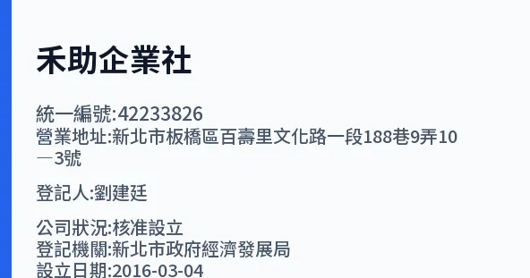 禾助企業社的照片-統編 42233826(新北市) 公司登記資料與營業項目詳細圖表