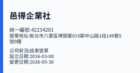 邑得企業社的照片-統編 42234281(新北市) 公司登記資料與營業項目詳細圖表