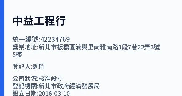 中益工程行的照片-統編 42234769(新北市) 公司登記資料與營業項目詳細圖表