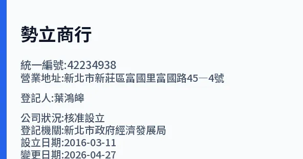 勢立商行的照片-統編 42234938(新北市) 公司登記資料與營業項目詳細圖表