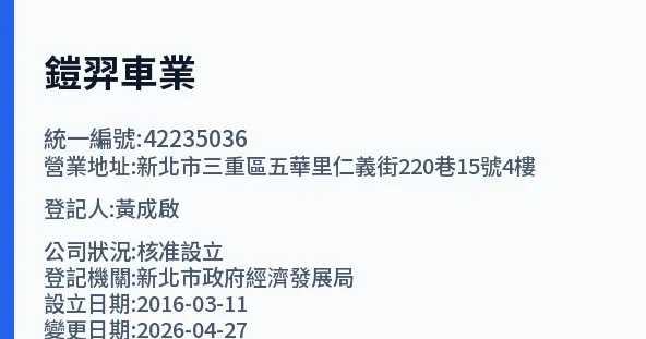 鎧羿車業的照片-統編 42235036(新北市) 公司登記資料與營業項目詳細圖表