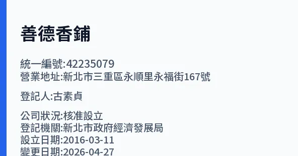 善德香鋪的照片-統編 42235079(新北市) 公司登記資料與營業項目詳細圖表
