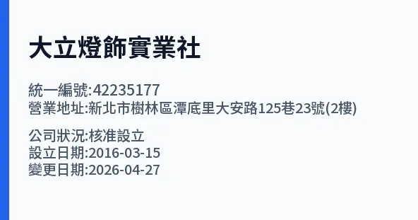 大立燈飾實業社的照片-統編 42235177(新北市) 公司登記資料與營業項目詳細圖表