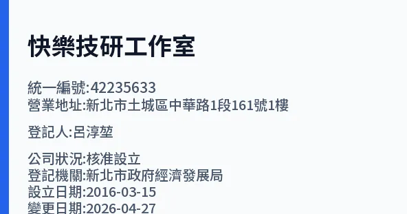 快樂技研工作室的照片-統編 42235633(新北市) 公司登記資料與營業項目詳細圖表