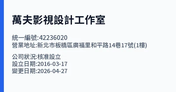 萬夫影視設計工作室的照片-統編 42236020(新北市) 公司登記資料與營業項目詳細圖表
