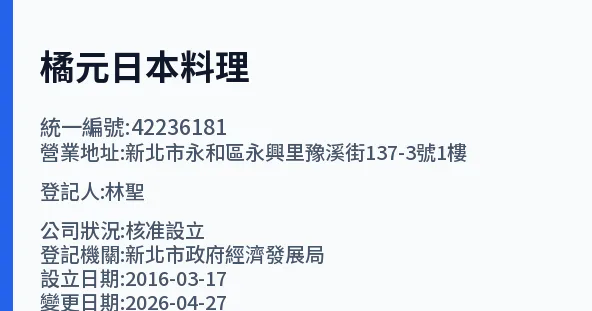 橘元日本料理的照片-統編 42236181(新北市) 公司登記資料與營業項目詳細圖表