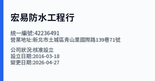 宏易防水工程行的照片-統編 42236491(新北市) 公司登記資料與營業項目詳細圖表
