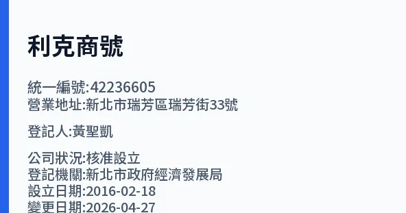 利克商號的照片-統編 42236605(新北市) 公司登記資料與營業項目詳細圖表