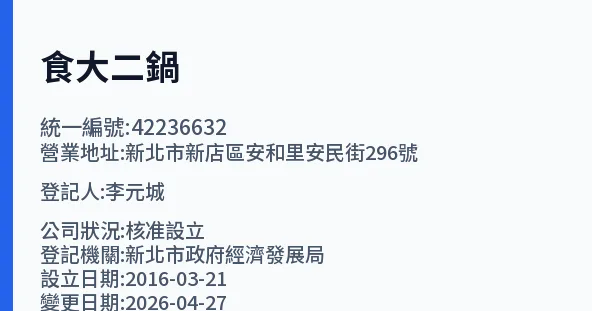 食大二鍋的照片-統編 42236632(新北市) 公司登記資料與營業項目詳細圖表