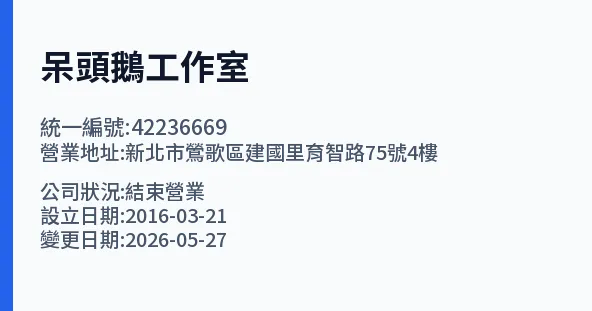 呆頭鵝工作室的照片-統編 42236669(新北市) 公司登記資料與營業項目詳細圖表