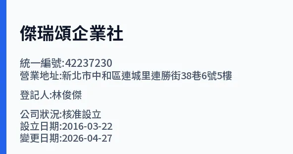 傑瑞頌企業社的照片-統編 42237230(新北市) 公司登記資料與營業項目詳細圖表