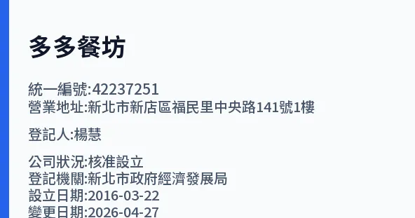 多多餐坊的照片-統編 42237251(新北市) 公司登記資料與營業項目詳細圖表