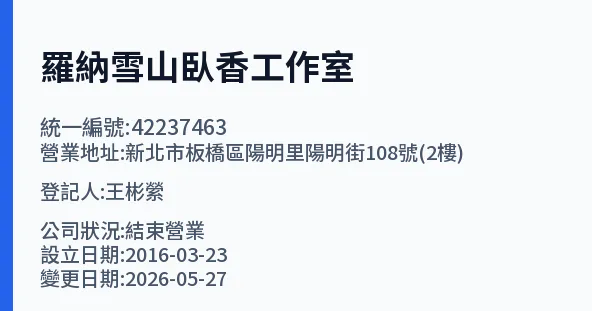 羅納雪山臥香工作室的照片-統編 42237463(新北市) 公司登記資料與營業項目詳細圖表