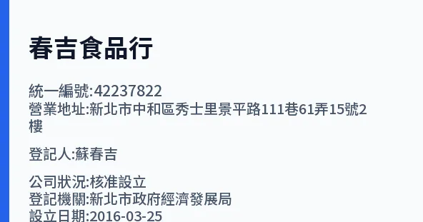 春吉食品行的照片-統編 42237822(新北市) 公司登記資料與營業項目詳細圖表