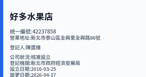 好多水果店的照片-統編 42237858(新北市) 公司登記資料與營業項目詳細圖表