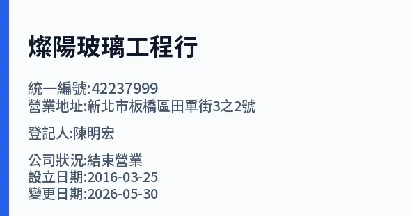 燦陽玻璃工程行的照片-統編 42237999(新北市) 公司登記資料與營業項目詳細圖表