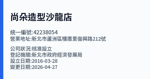 尚朵造型沙龍店的照片-統編 42238054(新北市) 公司登記資料與營業項目詳細圖表