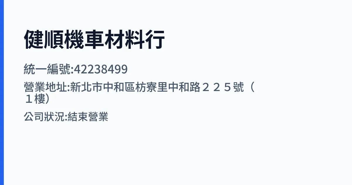 健順機車材料行 - 統編 42238499(新北市) 公司登記資料與營業項目詳細圖表