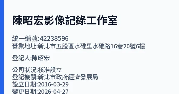 陳昭宏影像記錄工作室的照片-統編 42238596(新北市) 公司登記資料與營業項目詳細圖表