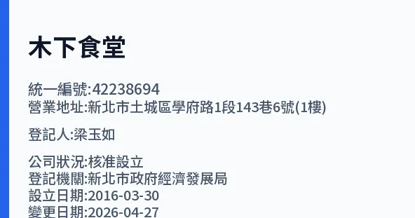 木下食堂的照片-統編 42238694(新北市) 公司登記資料與營業項目詳細圖表