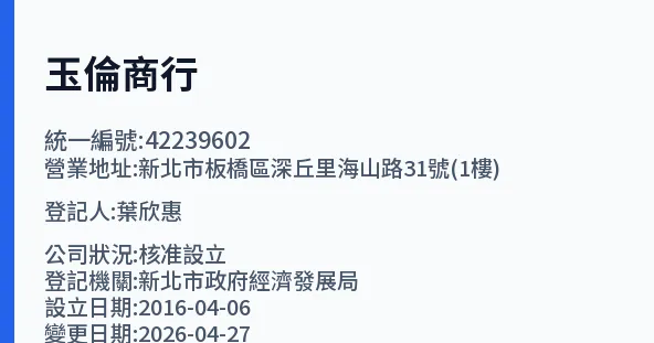 玉倫商行的照片-統編 42239602(新北市) 公司登記資料與營業項目詳細圖表