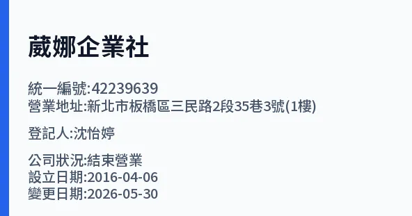 葳娜企業社的照片-統編 42239639(新北市) 公司登記資料與營業項目詳細圖表