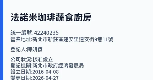 法諾米珈琲蔬食廚房的照片-統編 42240235(新北市) 公司登記資料與營業項目詳細圖表