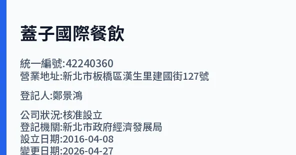 蓋子國際餐飲的照片-統編 42240360(新北市) 公司登記資料與營業項目詳細圖表