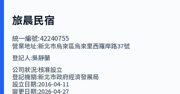 旅晨民宿的照片-統編 42240755(新北市) 公司登記資料與營業項目詳細圖表