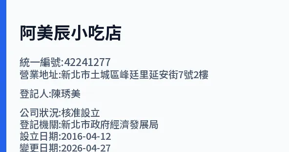 阿美辰小吃店的照片-統編 42241277(新北市) 公司登記資料與營業項目詳細圖表