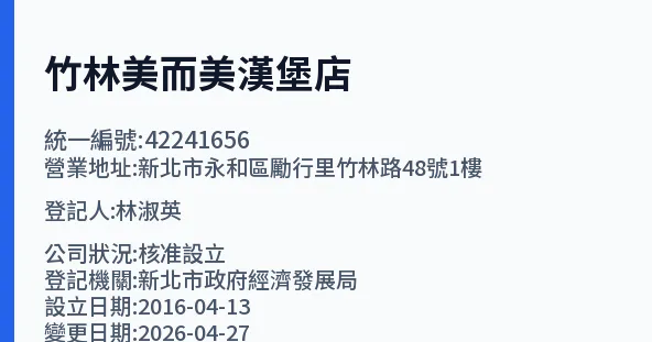 竹林美而美漢堡店的照片-統編 42241656(新北市) 公司登記資料與營業項目詳細圖表