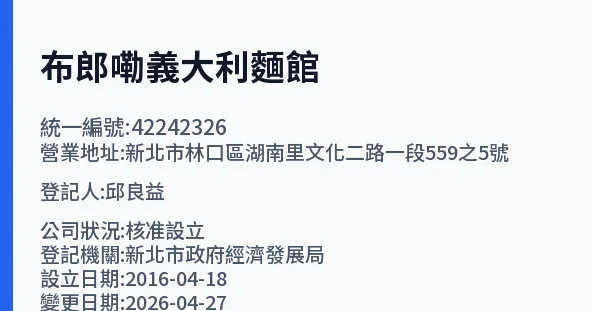 布郎嘞義大利麵館的照片-統編 42242326(新北市) 公司登記資料與營業項目詳細圖表