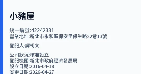 小豬屋的照片-統編 42242331(新北市) 公司登記資料與營業項目詳細圖表