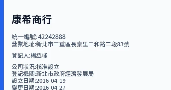 康希商行的照片-統編 42242888(新北市) 公司登記資料與營業項目詳細圖表