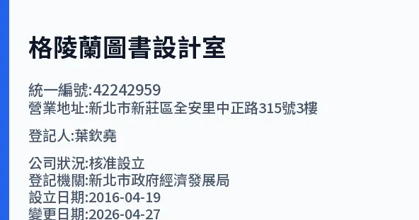 格陵蘭圖書設計室的照片-統編 42242959(新北市) 公司登記資料與營業項目詳細圖表