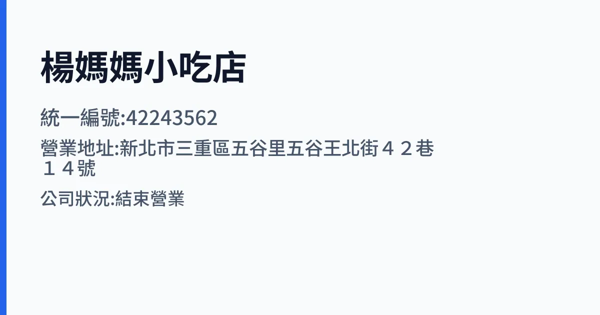 楊媽媽小吃店 - 統編 42243562(新北市) 公司登記資料與營業項目詳細圖表