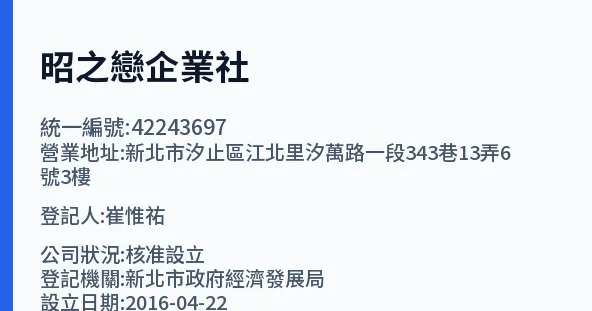 昭之戀企業社的照片-統編 42243697(新北市) 公司登記資料與營業項目詳細圖表