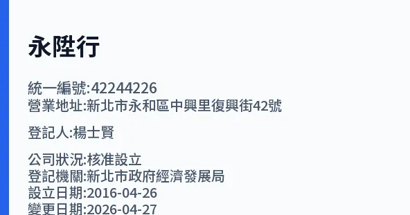 永陞行的照片-統編 42244226(新北市) 公司登記資料與營業項目詳細圖表